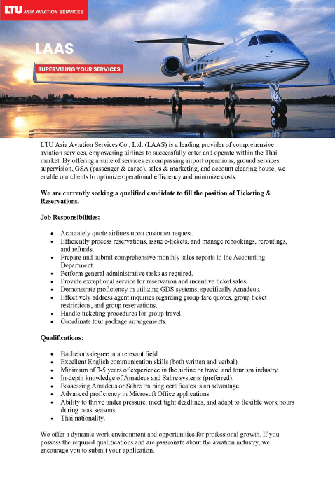 LTU Asia Aviation Services Co., Ltd รายละเอียดบริษัท งานที่รับสมัคร